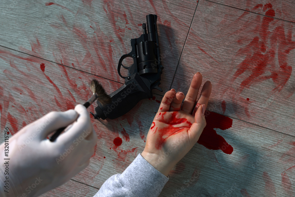 Forensic expert taking fingerprints with brush from gun and dead woman ...