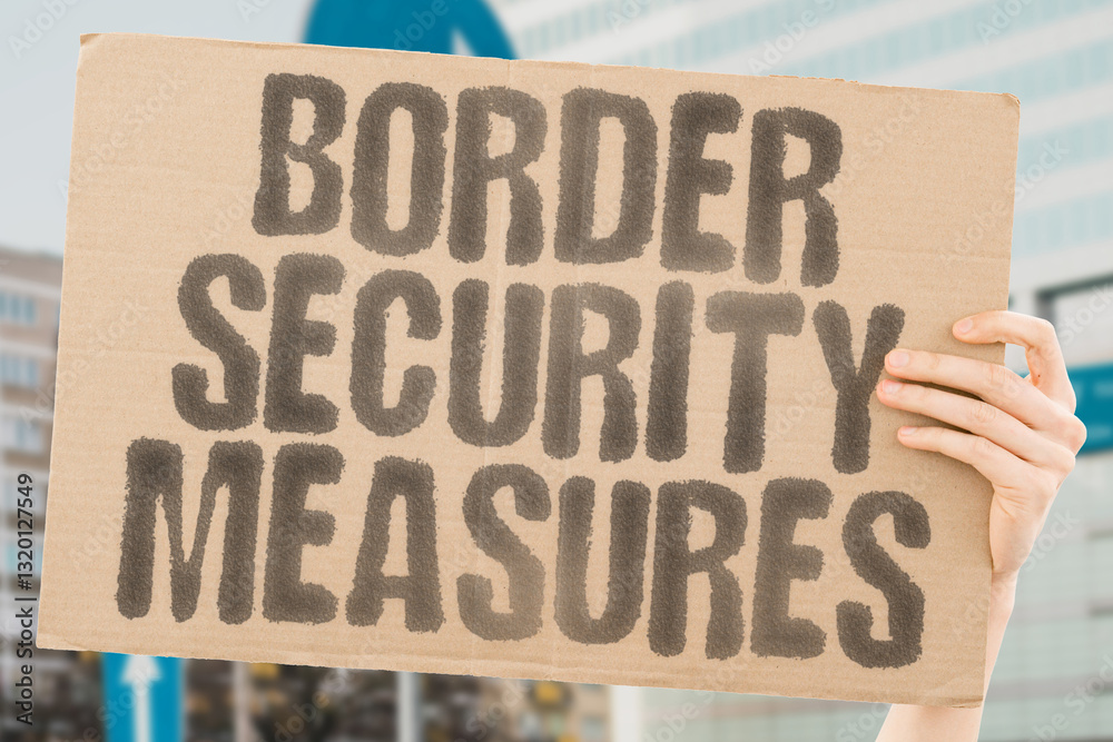 "Border security measures" on worn cardboard. Highlights actions to ...
