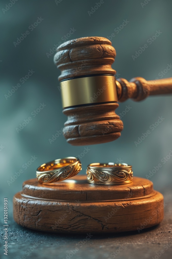 Law theme. Judge's gavel and wedding bands on a grey background ...