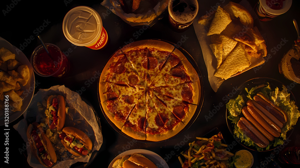 Pizza Feast: A delicious pepperoni pizza takes center stage, surrounded ...