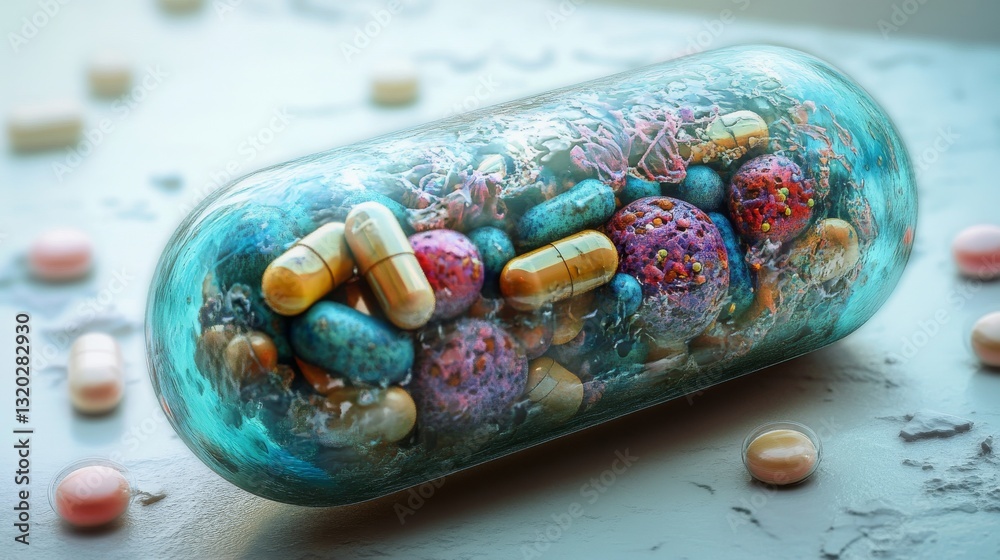 Giant medical capsule intersecting with a cross-sectioned cell ...
