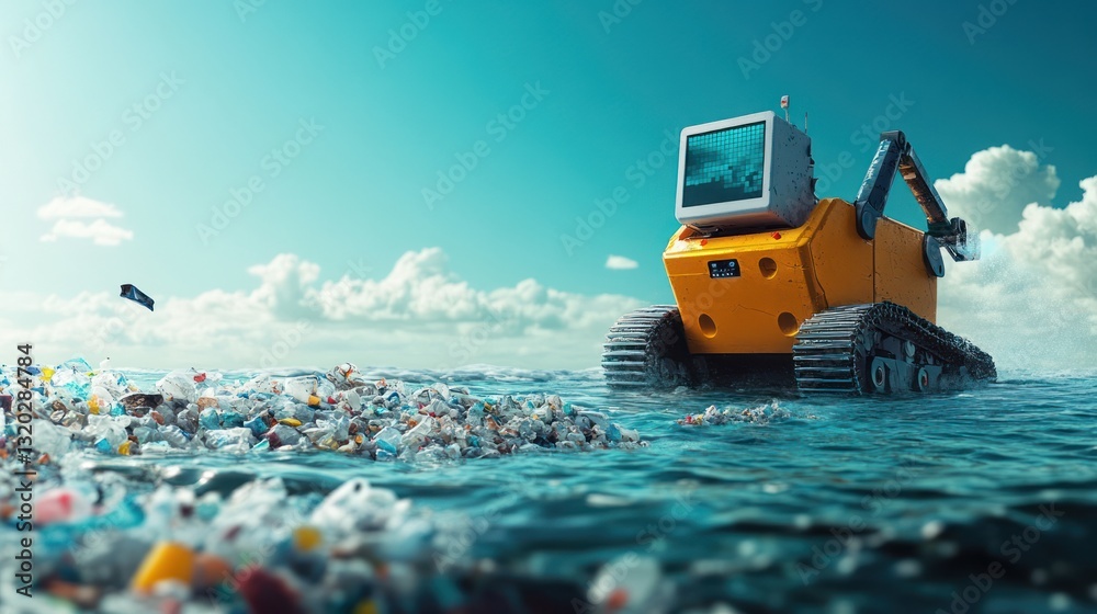 Autonomous cleaning robot collects ocean plastic waste. A yellow ...