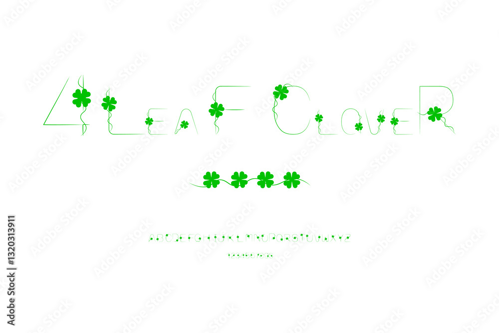 Four leaf clover alphabet and number fonts set, Typography logo ...