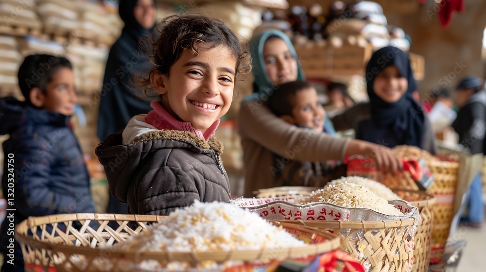 Volunteers distributing food baskets families in need filled with rice ...