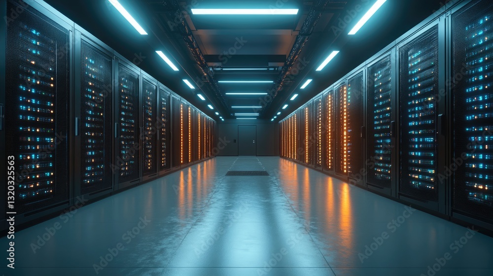 Data center with rows of servers, flashing indicator lights, and ...