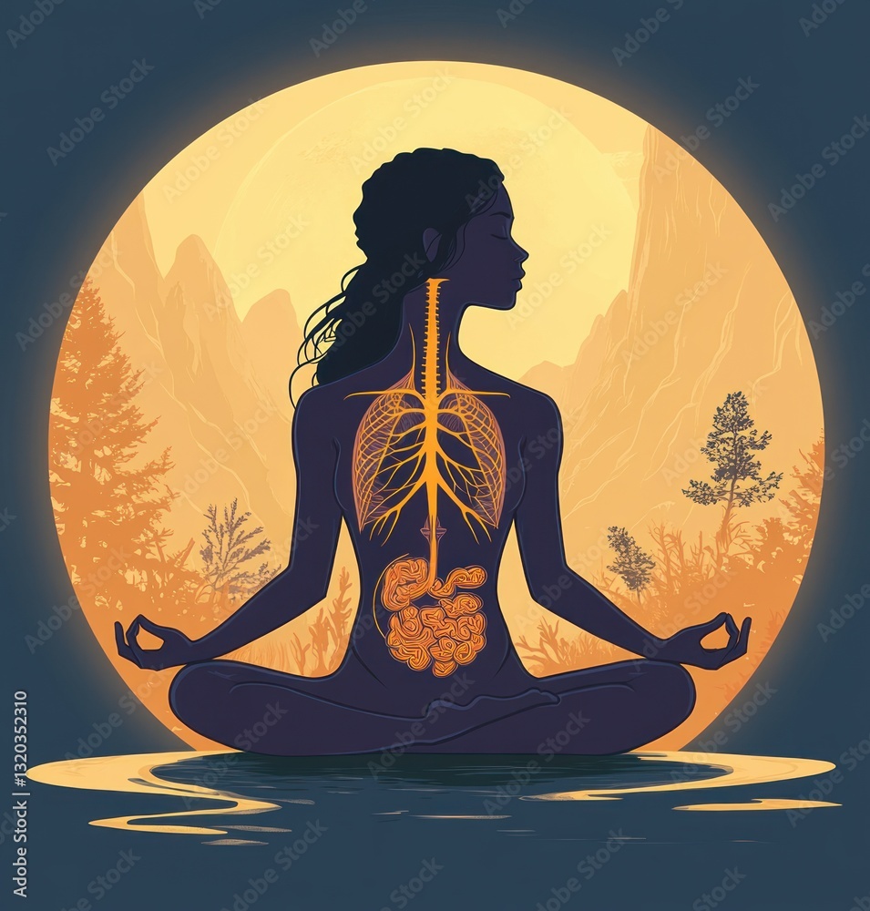 Meditating Woman Anatomy Vagus Nerve Gut Brain Axis Parasympathetic ...