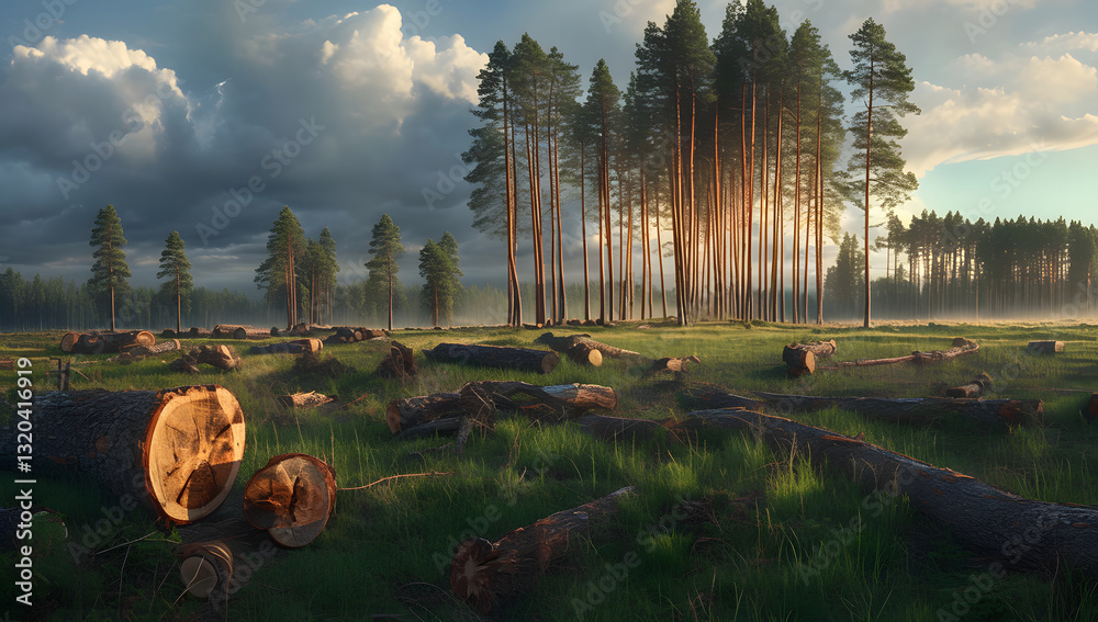 Sunset illuminates a clearing where felled trees lie amidst a stand of ...