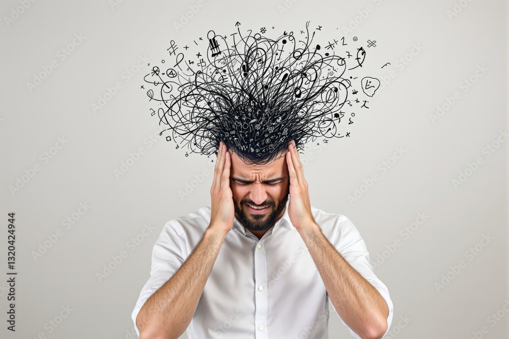 Man in white shirt holding head with stressed expression, chaotic ...