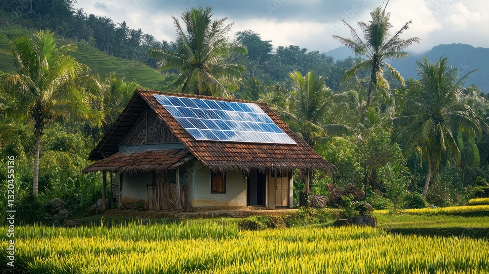 Rural home with solar panels on a paddy field. Sustainable living in a ...