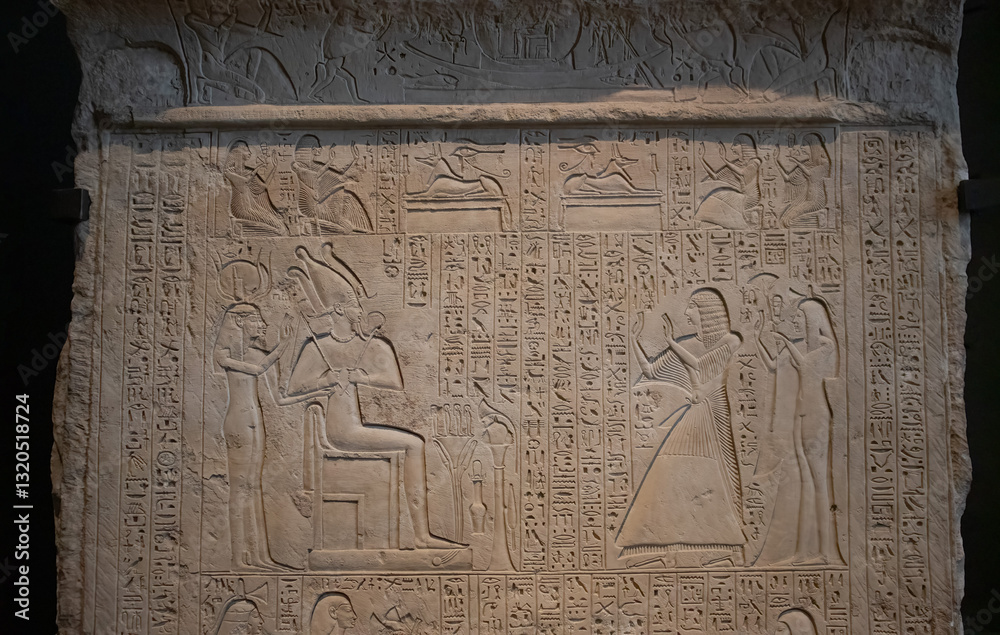 ancient Egyptian carvings and hieroglyphs on sand stones at the Grand ...