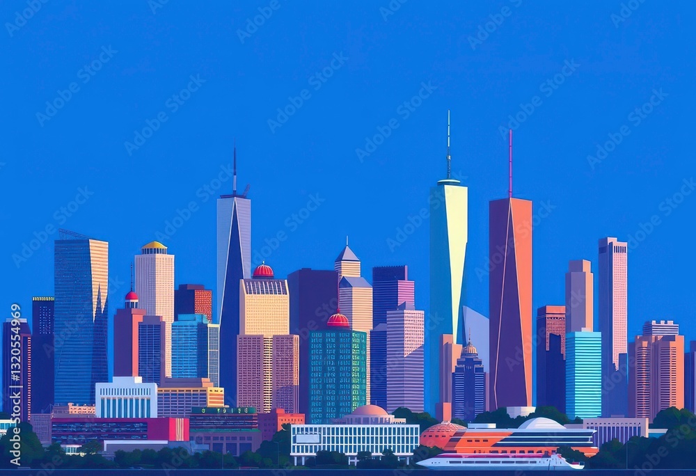 Vector illustration of a modern city skyline with various skyscrapers ...
