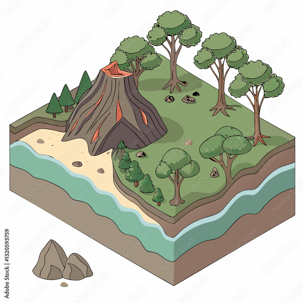 Stylized Isometric Landscape Depicting Volcanic Activity and Coastal ...