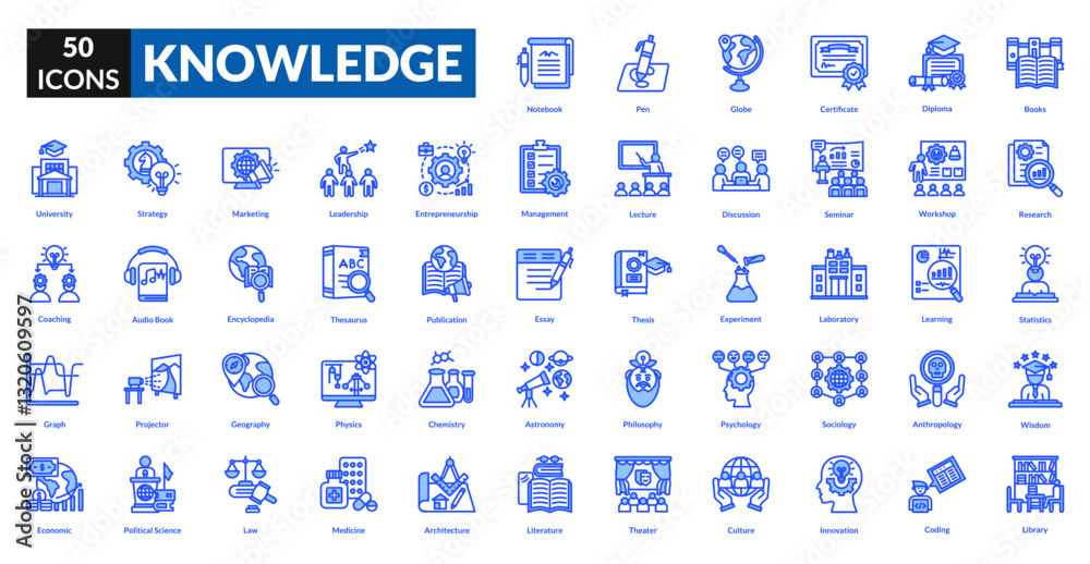 Knowledge blue icon collection set. Includes learning, information ...