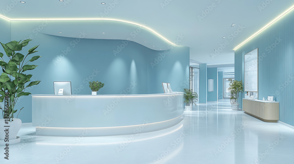 Hospital waiting room with reception desk at a medical facility.copy ...