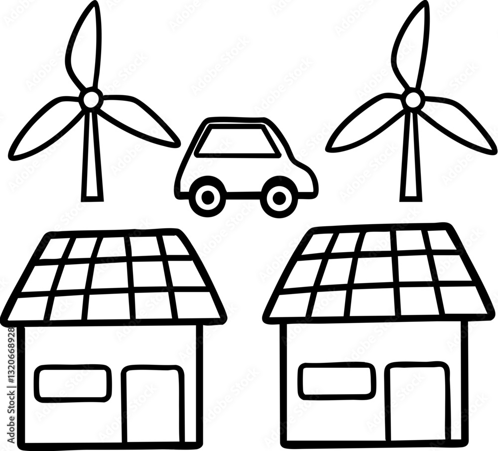 Sustainable energy icons featuring wind turbines, solar roofs, and an ...