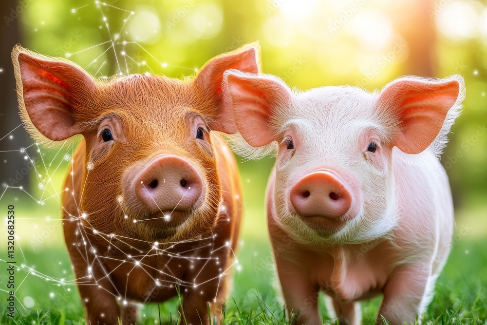 Two piglets standing together in a field with visible glowing AI ...