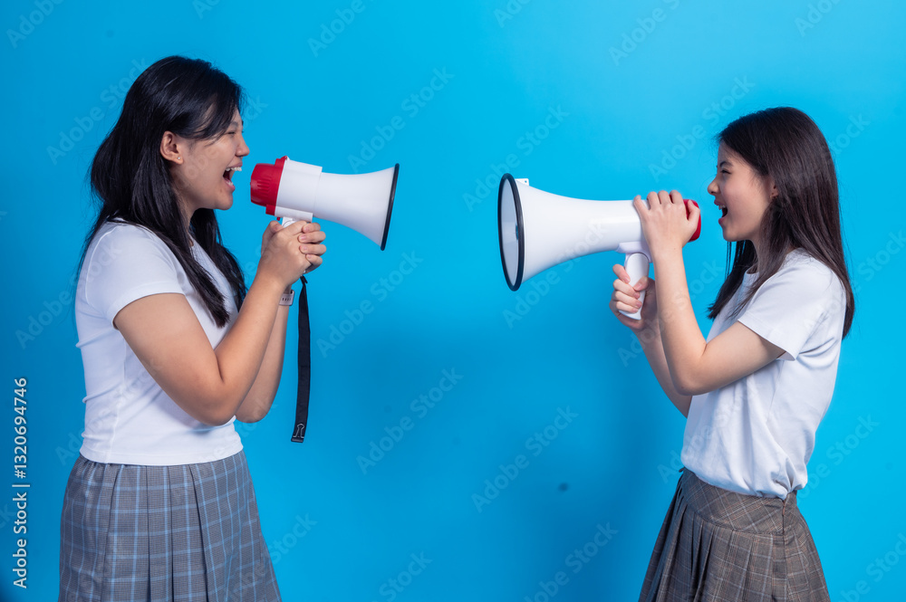 Two Asian teen girls playing with a megaphone, one shouting and the ...