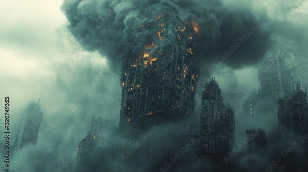 A towering building burning during the day, black smoke visible for ...