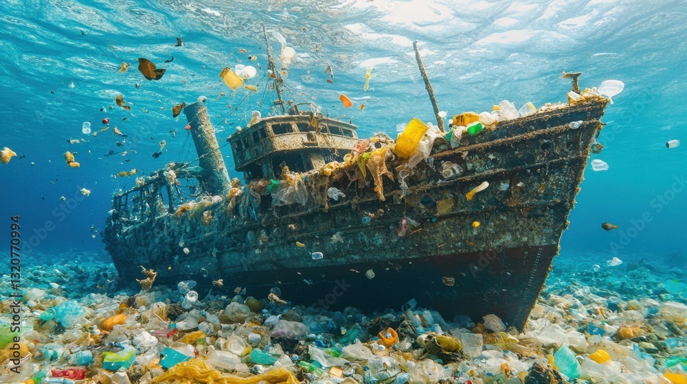 A sunken shipwreck lies beneath the waves, engulfed in plastic waste ...