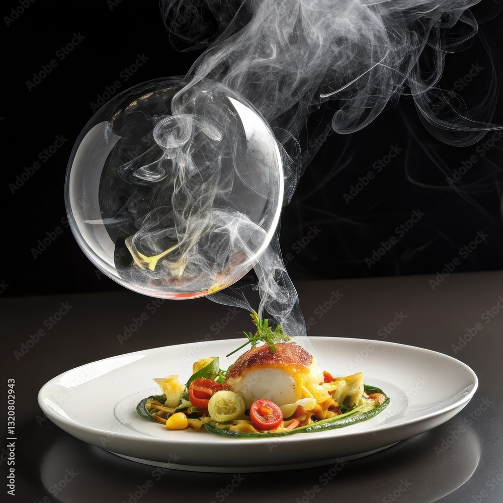 Artistic seafood pasta dish under a glass dome with smoke on a stylish ...