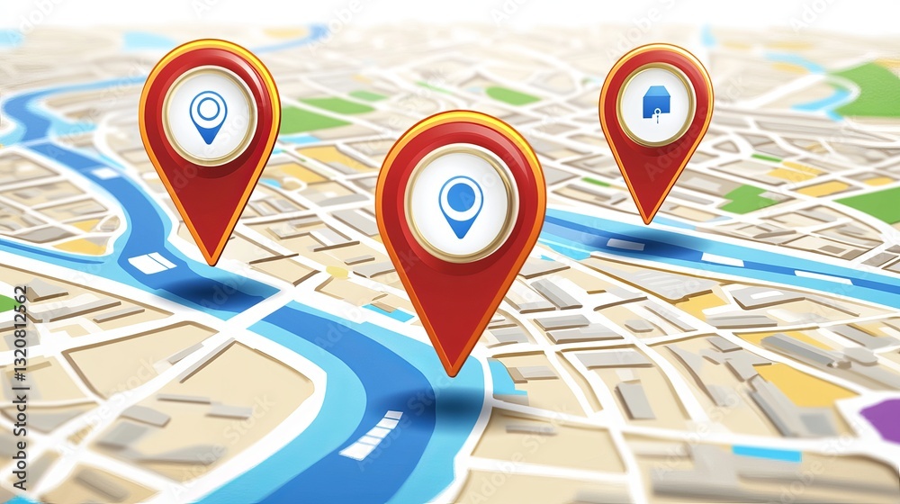 A blue GPS navigation map displaying location pins with sign icons ...