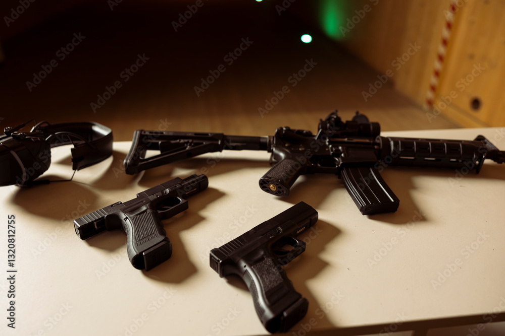 Pistols and assault weapons at shooting range used to train and test ...