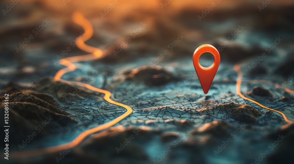 A detailed map highlighting a location pin with route paths, designed ...