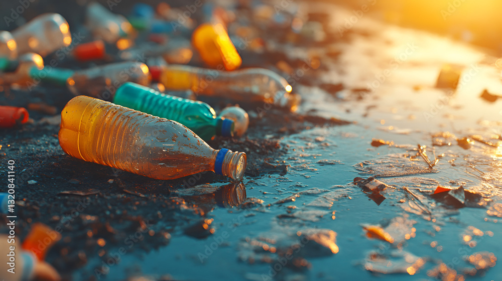 Plastic bottles and trash floating in a polluted river, showcasing the ...