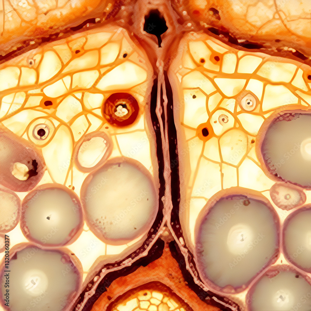 Cross-section, woody dicot stem, plant cells, microscopic image ...