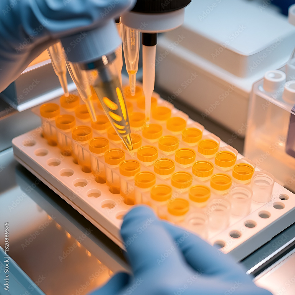 Multi channel pipette loading biological samples in microplate for test ...