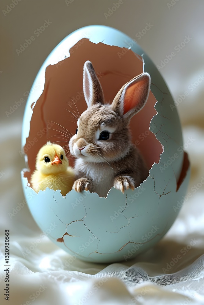 A cute bunny and fluffy chick peek out from a cracked Easter egg ...