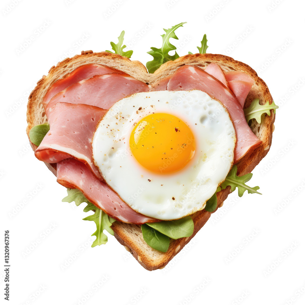 Heart-shaped toast with fried egg and ham isolated on transparent background. Valentine's Day ...