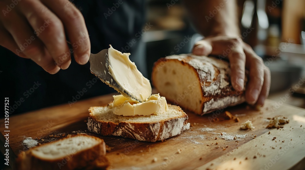 Organic butter being spread onto a slice of sourdough bread. A ...