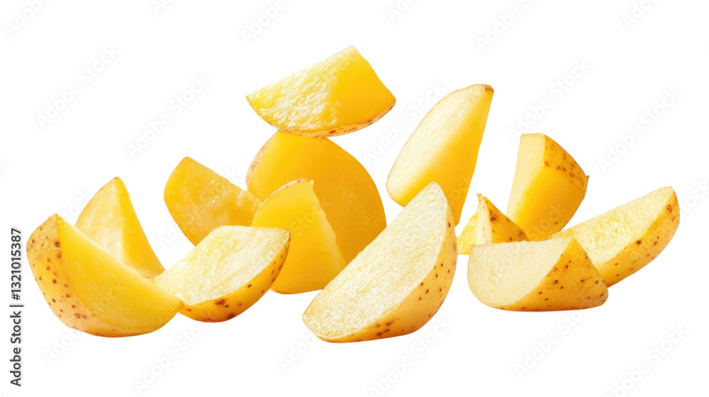 Fresh yellow potatoes sliced in various shapes isolated on transparent ...
