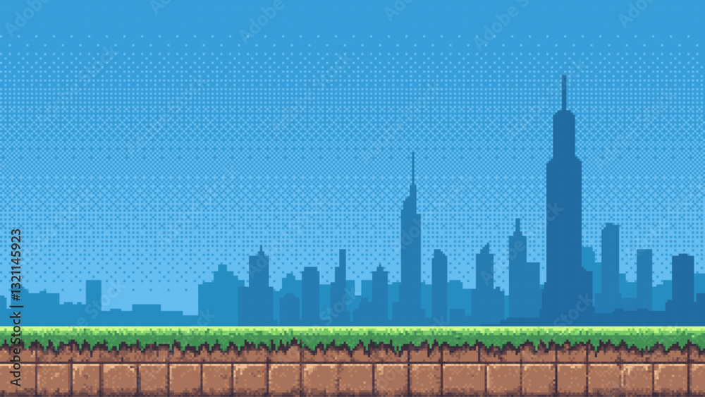 8-bit pixel art game level background. silhouette city skyline. side ...