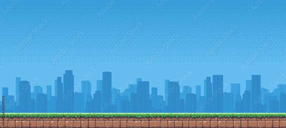 8-bit pixel art game level background. silhouette city skyline. side ...