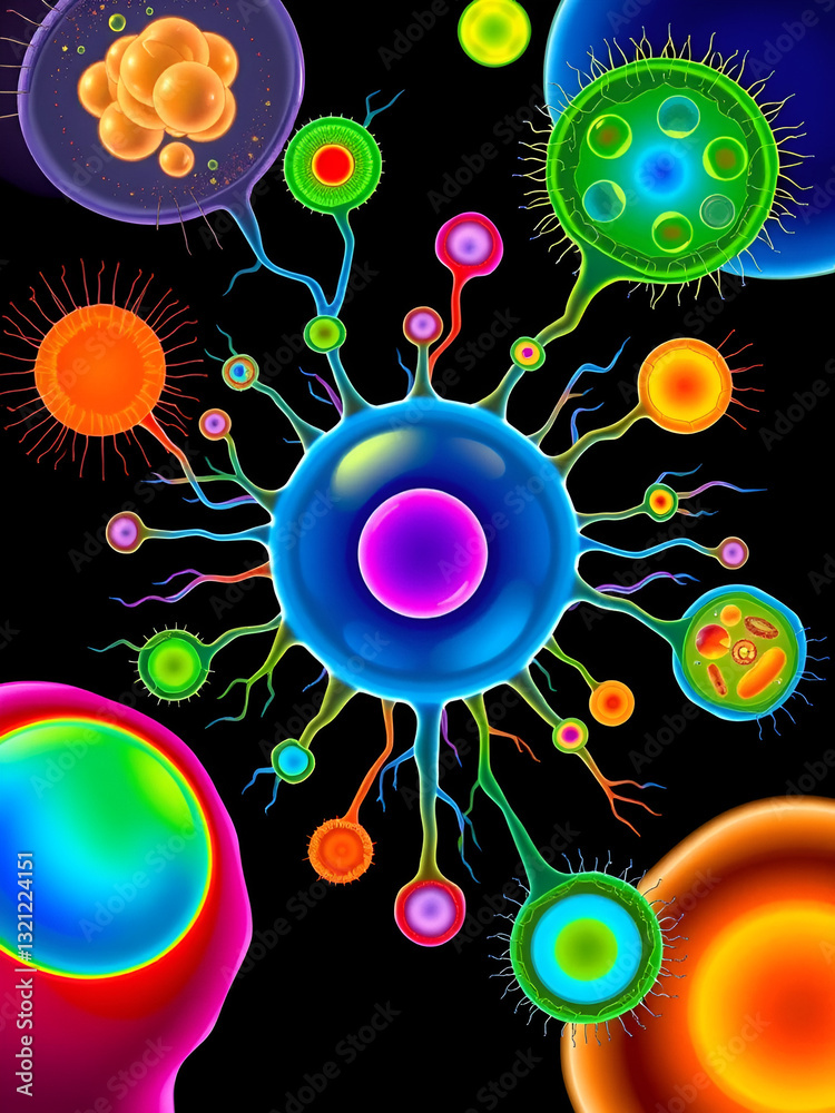 Colorful illustration of stem cell development, showcasing various ...