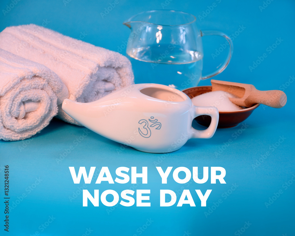 Wash Your Nose Day poster stock photo images. Ceramic Neti pot for ...