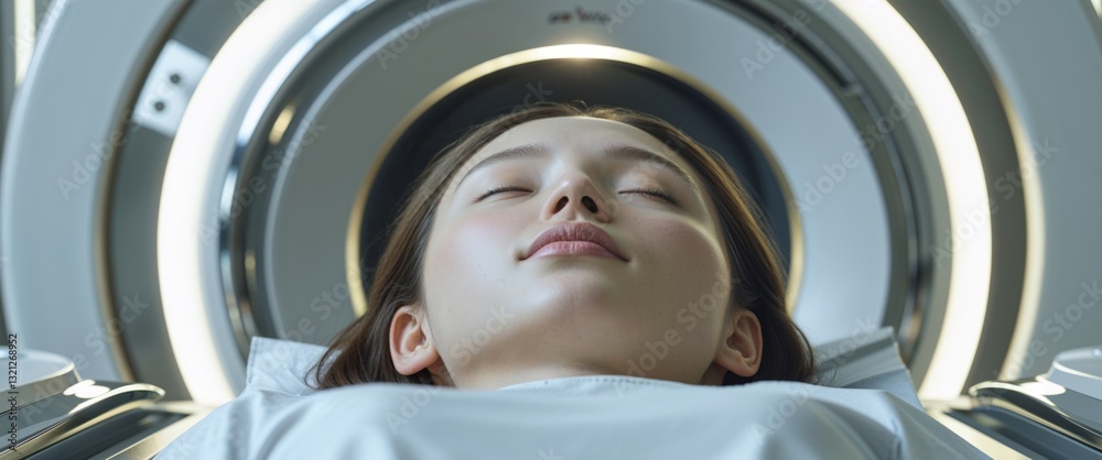 Female patient is lying with her eyes closed in a computed tomography ...