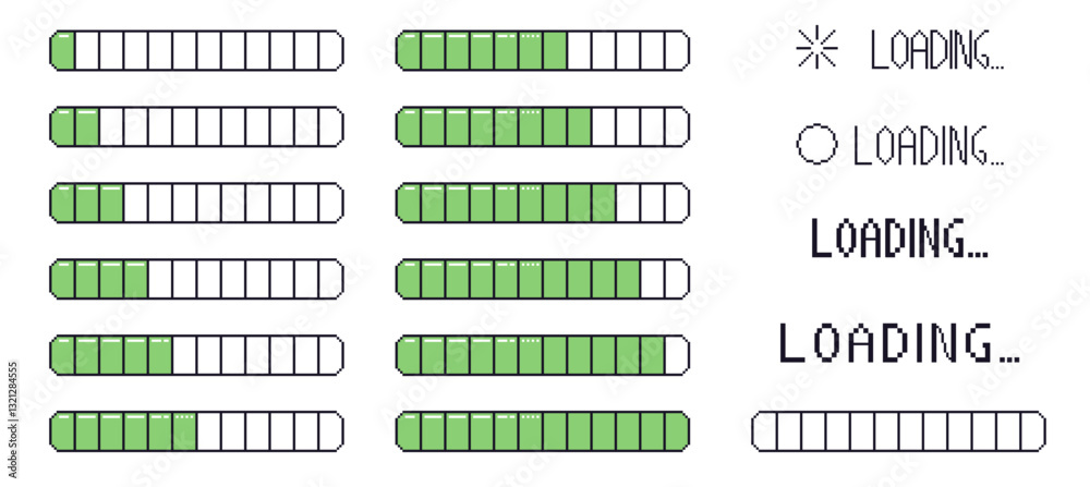 Pixel art loading bar interface. 8 bit game progress button elements ...