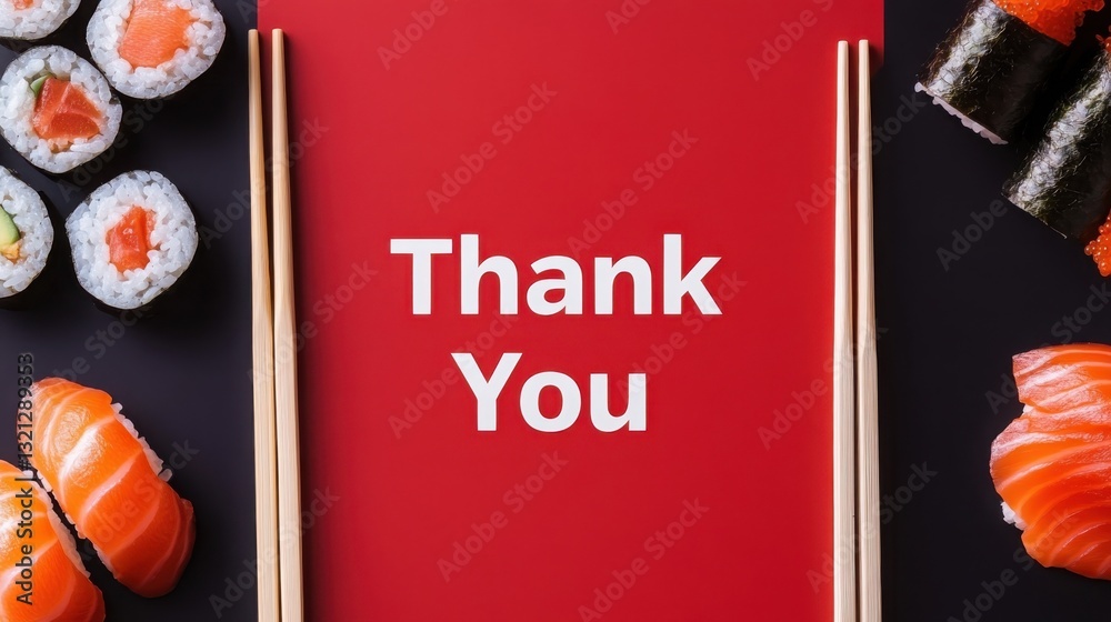 Thank You Message with Sushi and Chopsticks on a Vibrant Red Background ...