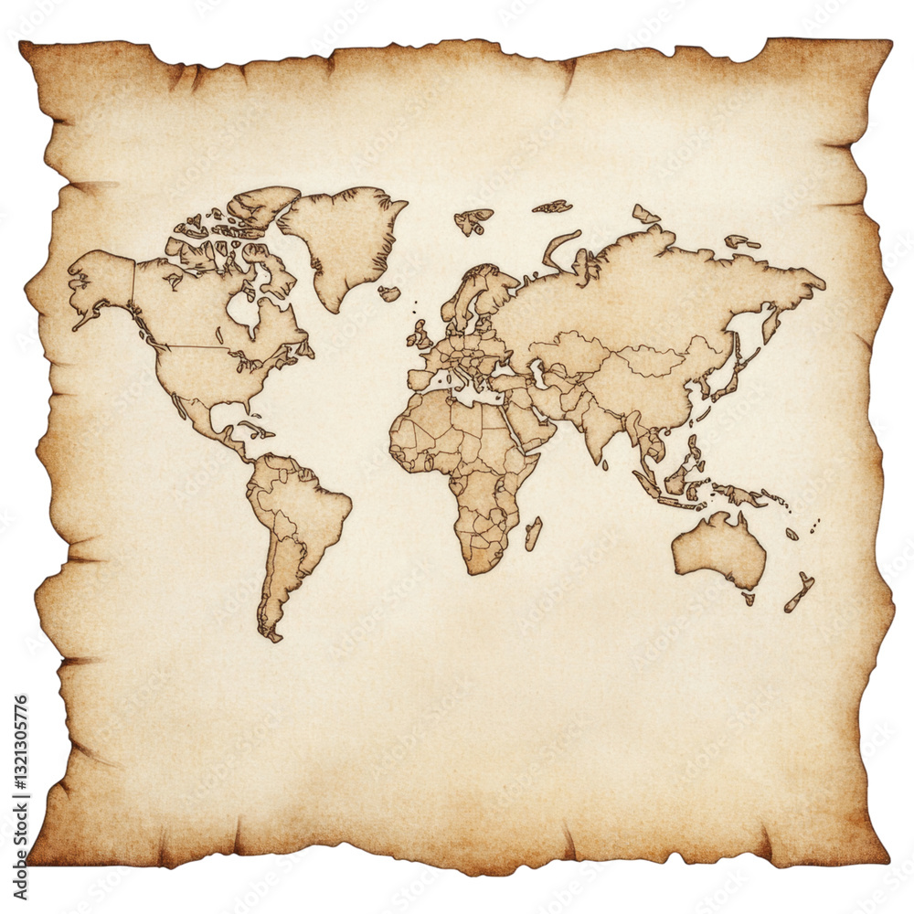 Aged parchment world map with vintage design and antique appearance ...