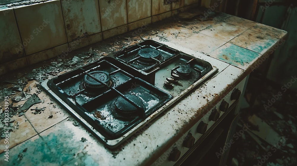 Abandoned kitchen with a dirty gas stove, peeling tiles, and signs of ...