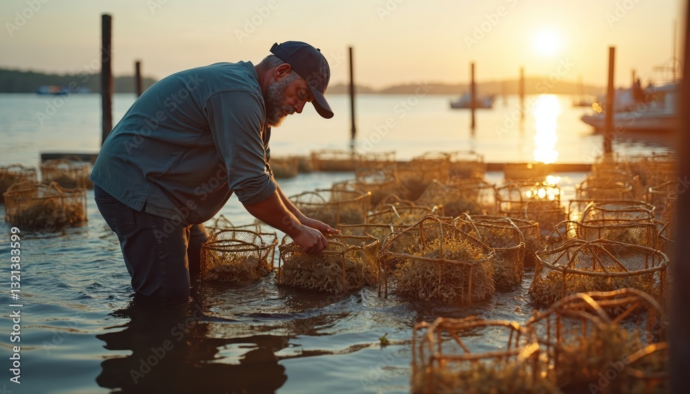 Foto de Stock Worker on oyster farm collecting cages. Oyster ...