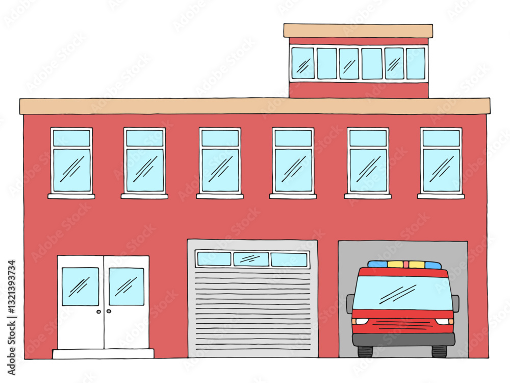 Fire station exterior building front view graphic color isolated sketch ...