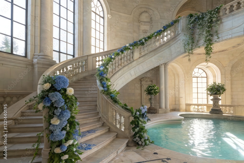 Spring festive marble stairs and arches with blue forget-me-not and ...