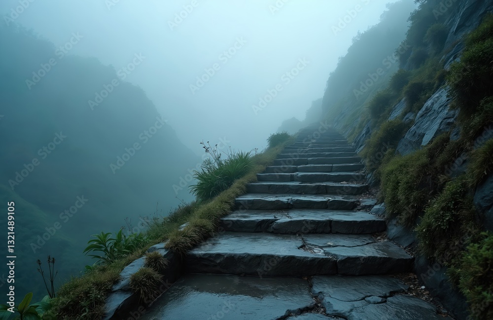 Stone steps lead up mountain side in misty weather. Rocky trail path ...