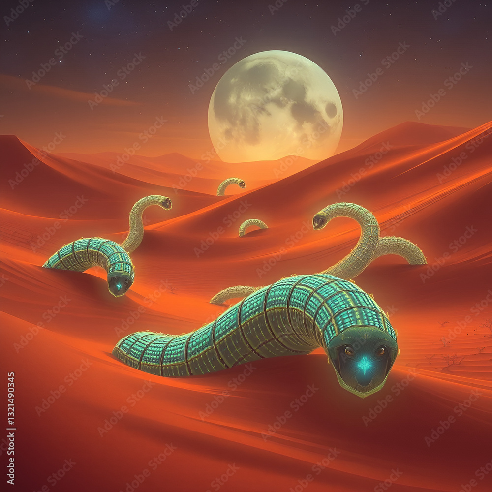 Massive sandworms in a fantasy desert, glowing with bioluminescence as ...