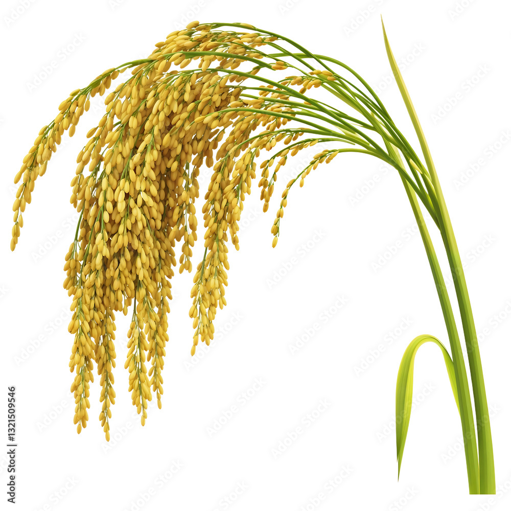 Mature golden rice plant with grain-heavy seed heads hanging from green ...