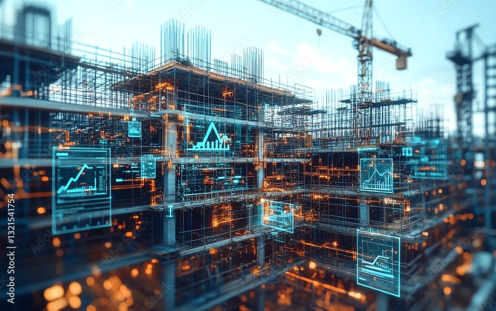 Smart construction site with digital overlays Stock Illustration ...